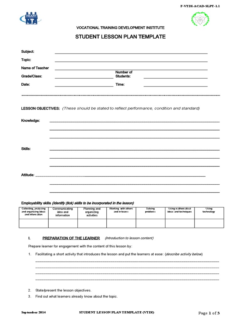 Student Lesson Plan Template: (Identify (Tick) Skills To Be ...