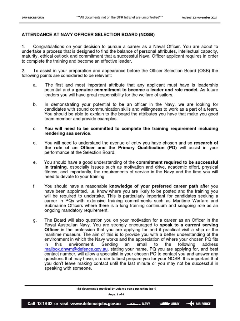 Attendance at Navy Officer Selection Board NOSB | PDF | Australian ...