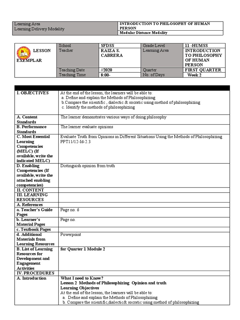 Lesson-Exemplar-iN Shs Philo. 1st Q Lesson 2.3 | PDF | Reason ...