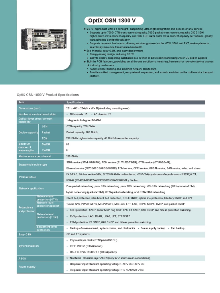 OptiX OSN 1800 Brochure PDF | PDF | Wavelength Division Multiplexing | Power Supply