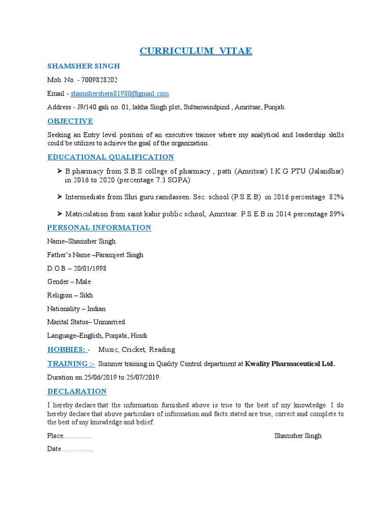 Curriculum Vitae: Shamsher Singh | PDF