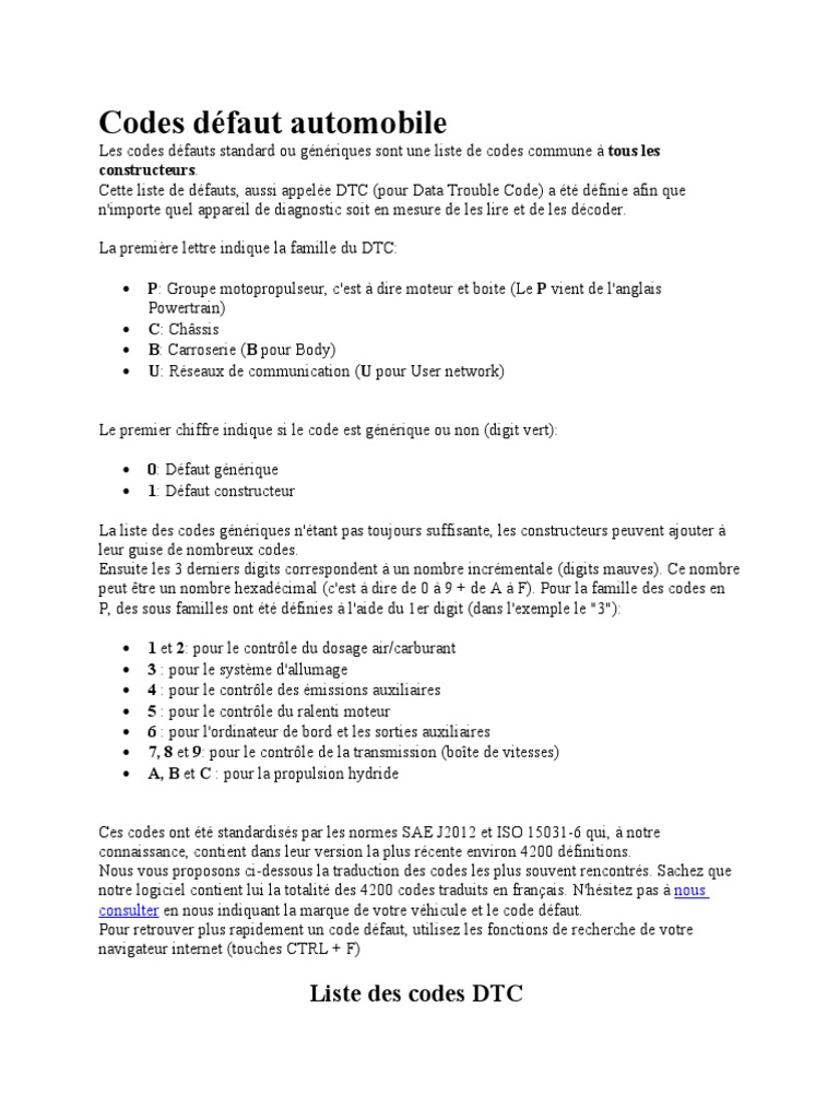 Liste des codes défauts DTC automobile | PDF | Injection (moteur ...