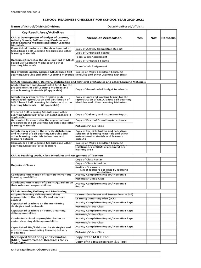 School Readiness Checklist For School Year 2020-2021: Monitoring Tool ...