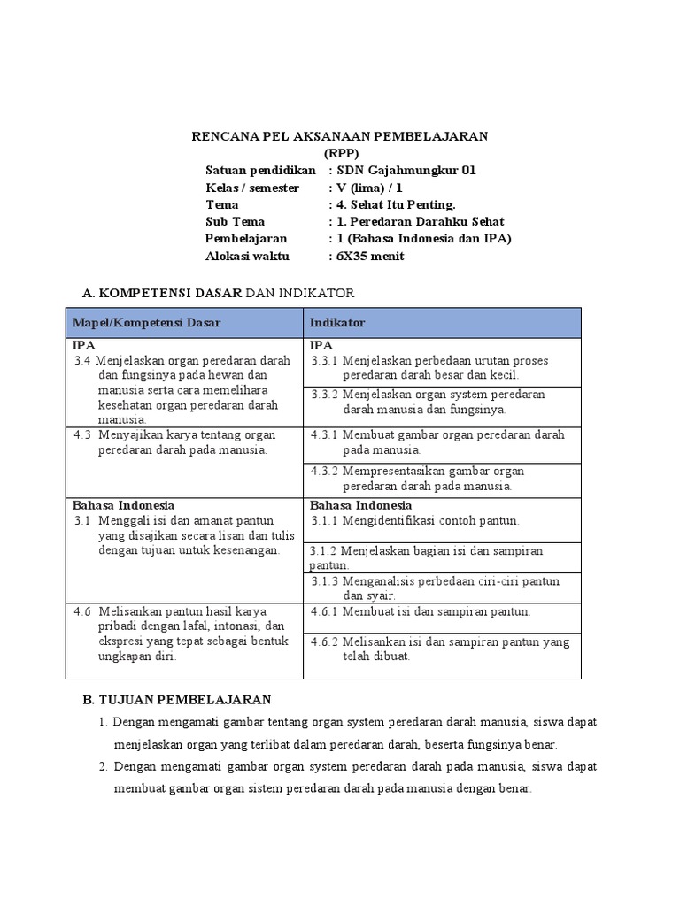 RPP Kelas V Tema 4 Subtema 1 Pembelajaran 1 | PDF