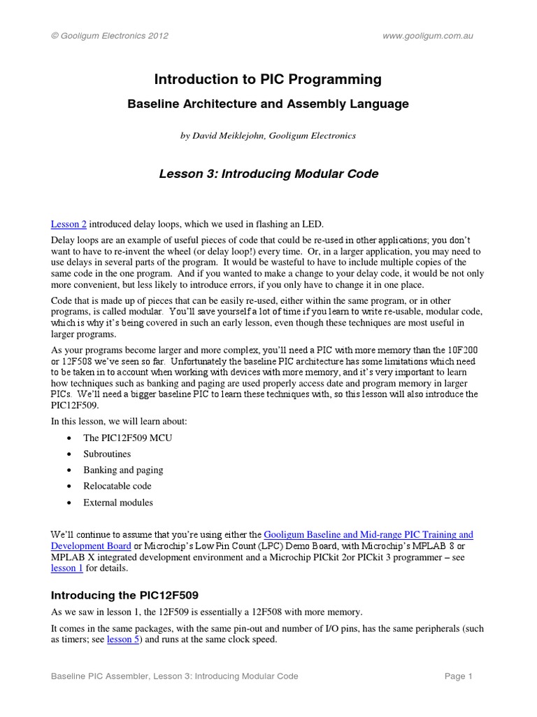 Introduction To PIC Programming: Baseline Architecture and Assembly Language | PDF | Subroutine ...