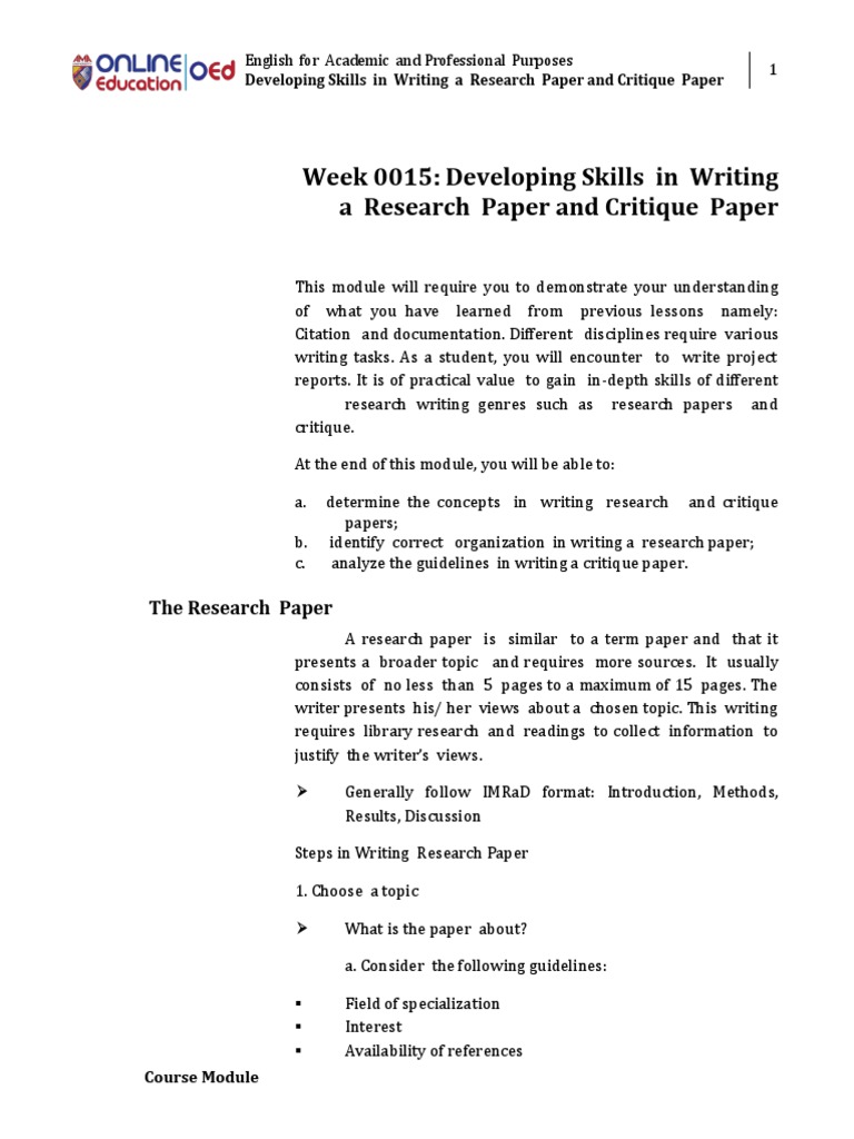 Developing Skills in Writing A Research Paper and Critique Paper | PDF ...