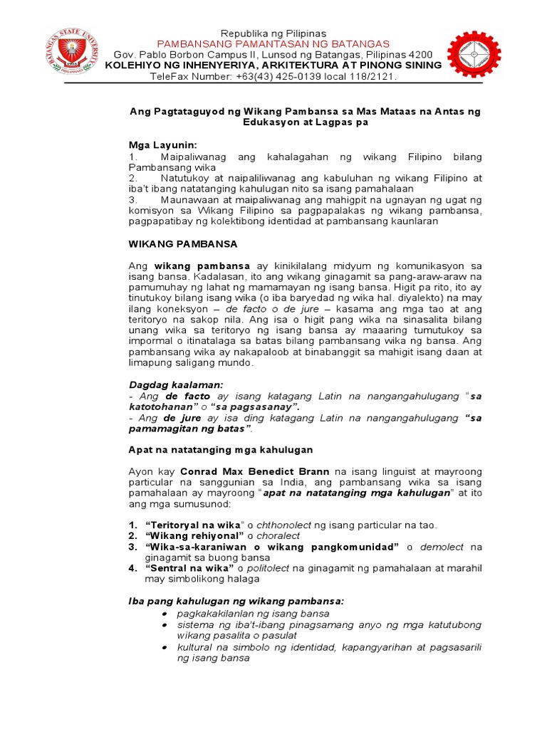 Ang Pagtataguyod NG Wikang Pambansa Sa Mas Mataas Na Antas NG Edukasyon at Lagpas Pa | PDF