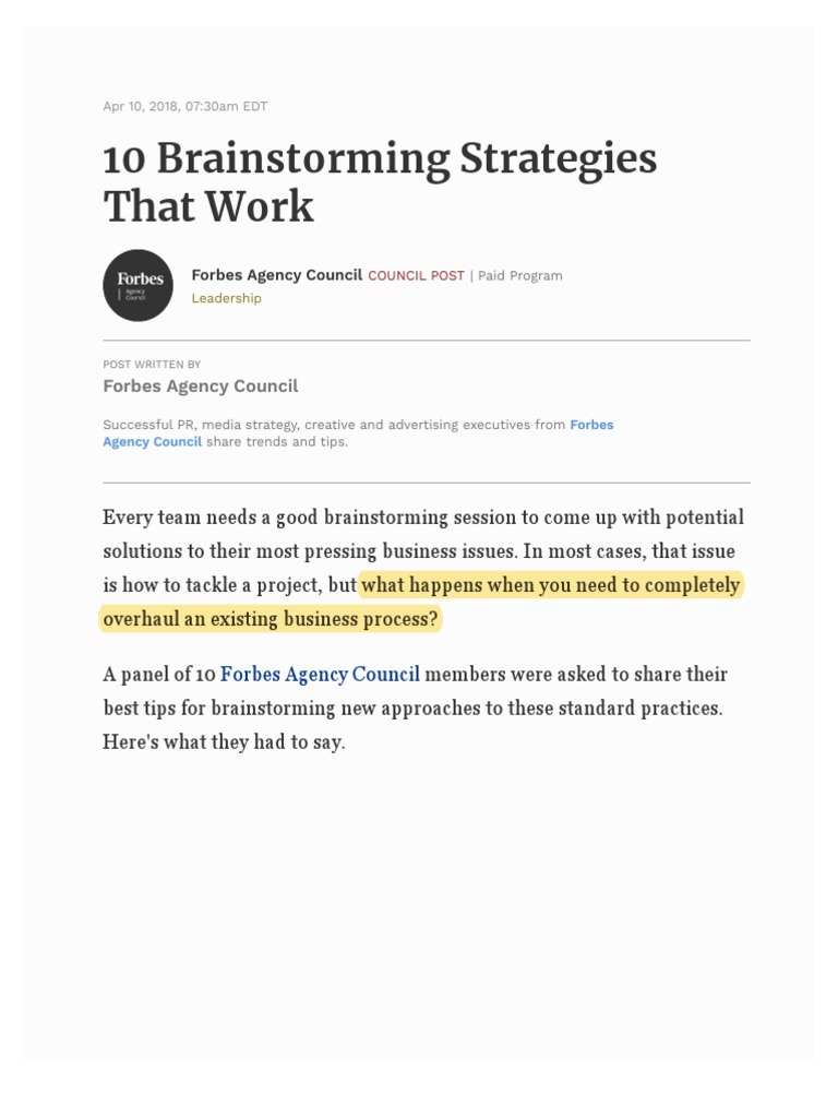 10 Brainstorming Strategies That Work | PDF | Brainstorming ...