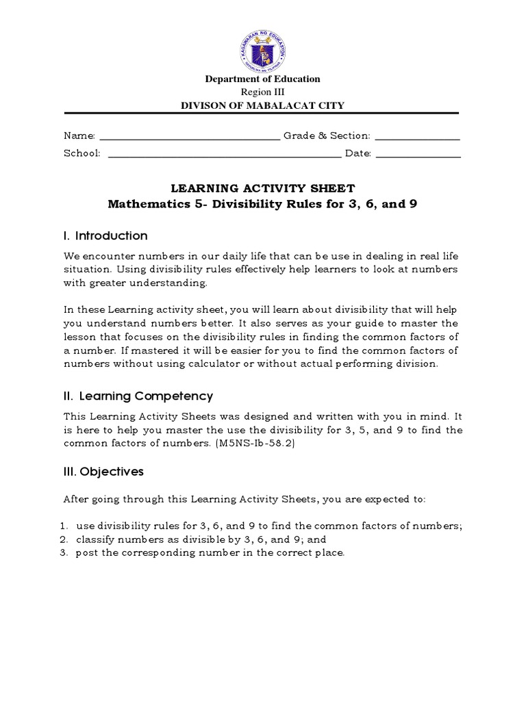 Math5 - Q1 - WK1 - Lesson 2 - Divisibility-Rule-3-6-9-EVALUATED PDF | PDF | Mathematical Objects ...