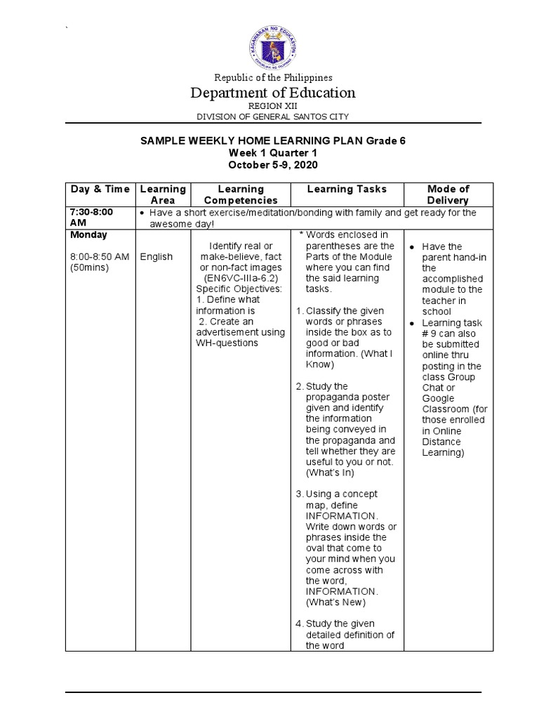 WEEKLY HOME LEARNING PLAN Sample | Download Free PDF | Information ...