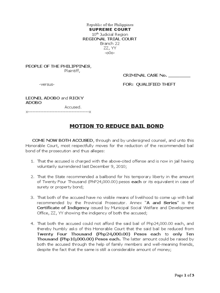 Motion To Reduce Bail Bond | PDF | Bail | Law Enforcement