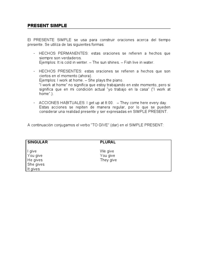 Uso del Presente Simple en Inglés | PDF | Verbo | Asunto (gramática)