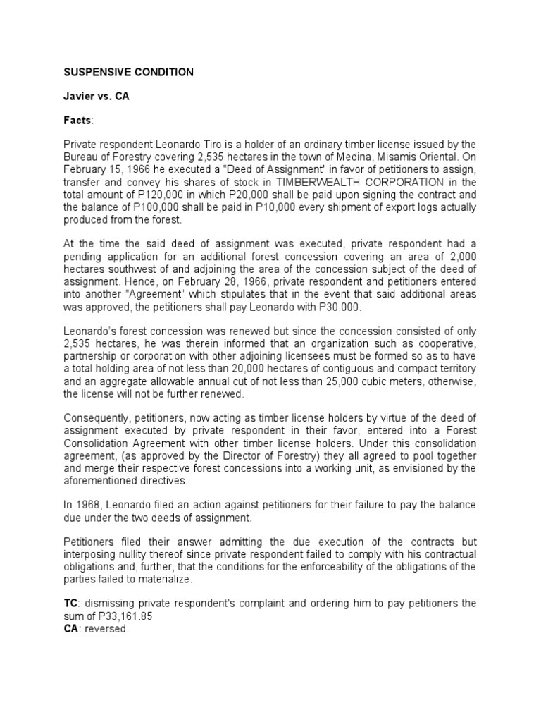 Suspensive Condition Javier vs. CA Facts | PDF | Assignment (Law) | License