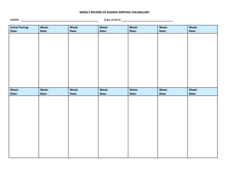 Weekly Record of Known Writing Vocabulary | PDF