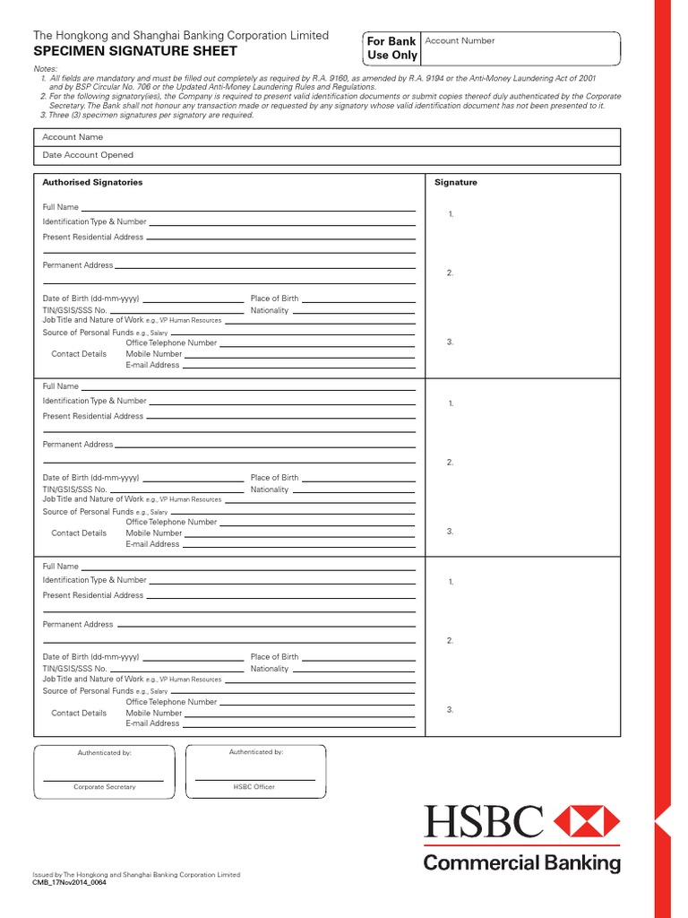 Specimen Signature Sheet: The Hongkong and Shanghai Banking Corporation ...