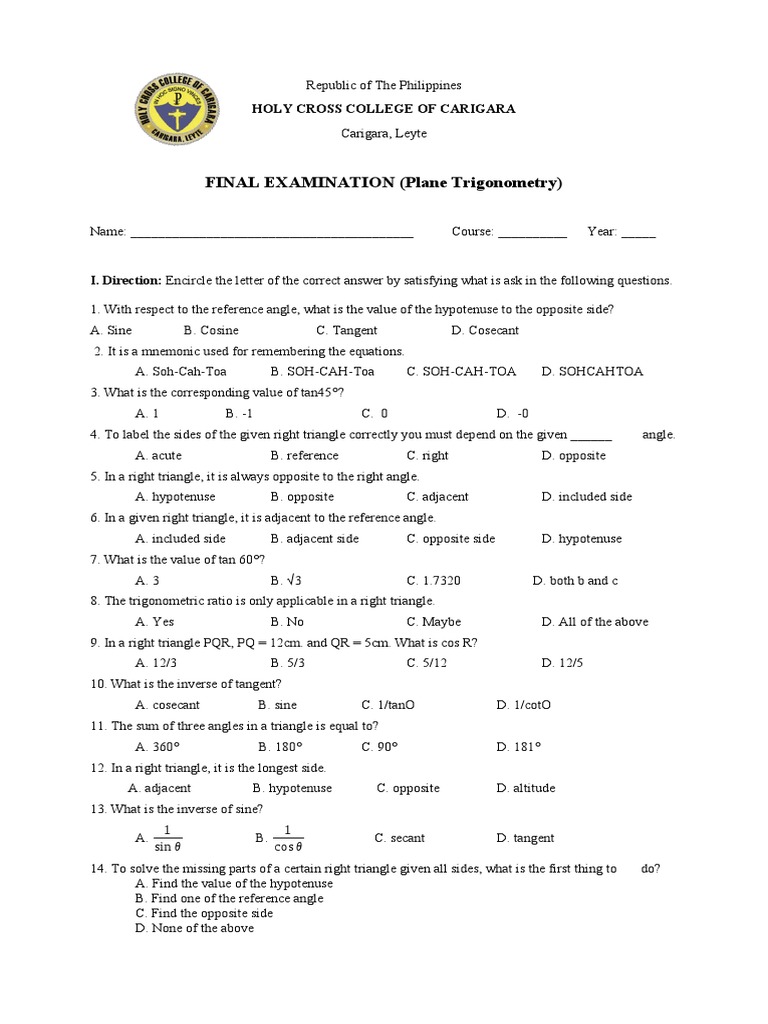FINAL EXAMINATION (Plane Trigonometry) : Holy Cross College of Carigara ...