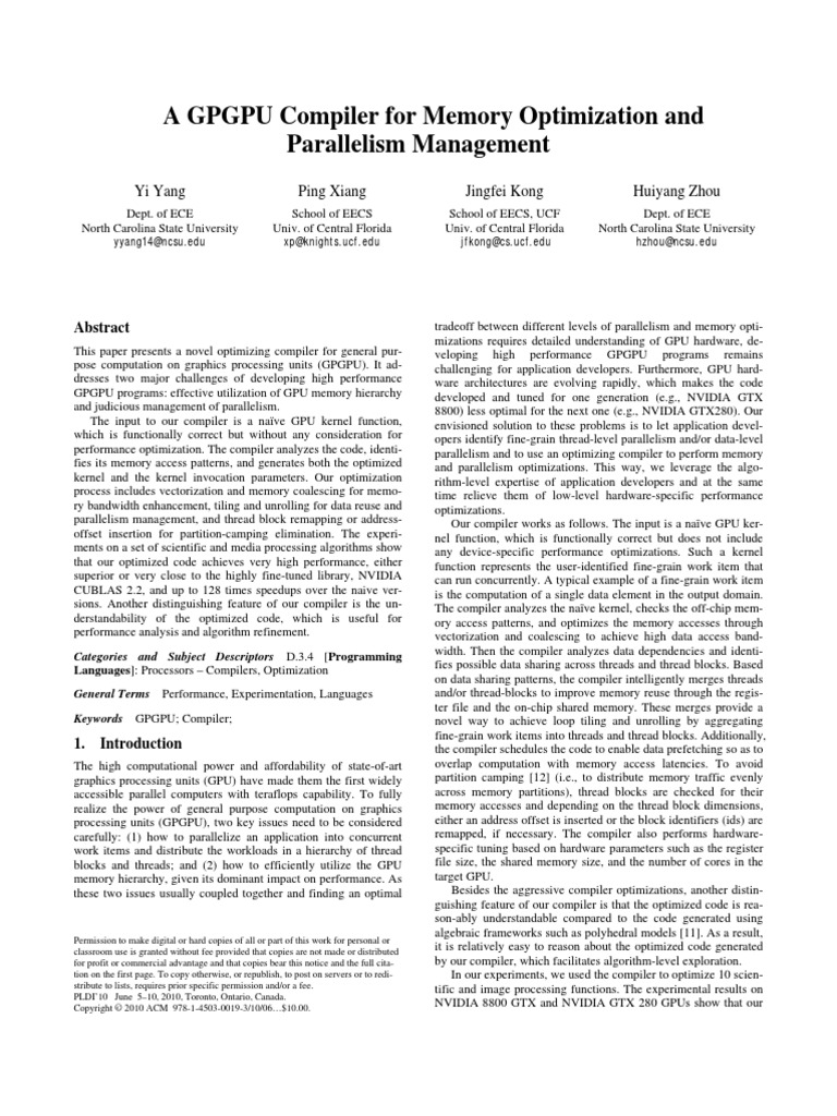 A Gpgpu Compiler For Memory Optimization And Parallelism Management Pdf Thread Computing