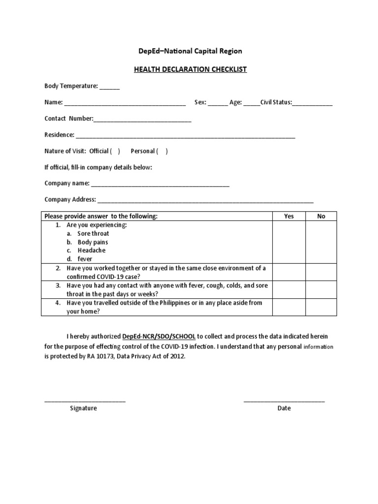 Deped-National Capital Region Health Declaration Checklist: Please ...