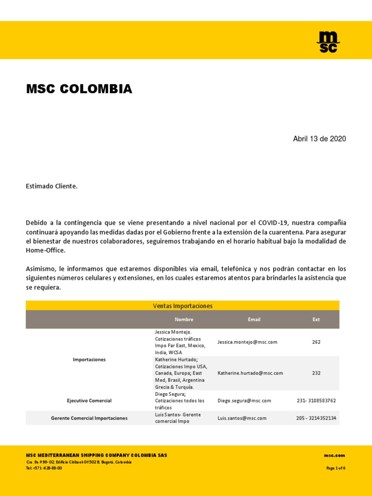 Comunicado General MSC Colombia Abril 2020 | PDF | Servicio de envío ...