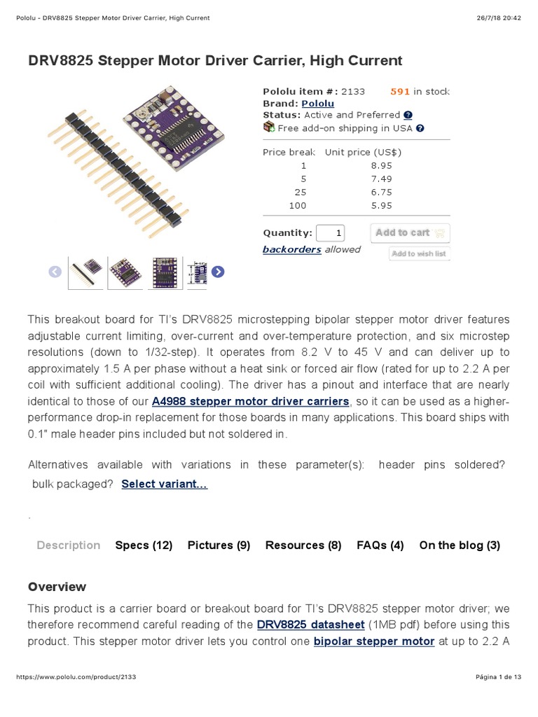 High Performance DRV8825 Stepper Motor Driver Carrier with Adjustable ...