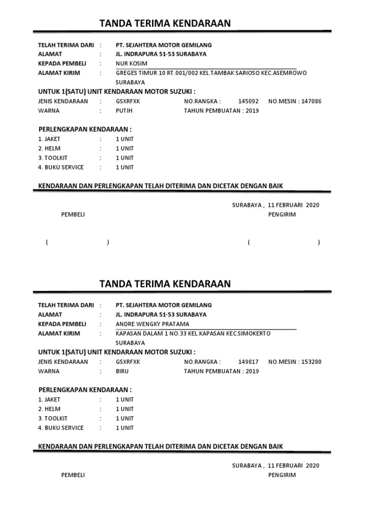 Tanda Terima Kendaraan | PDF