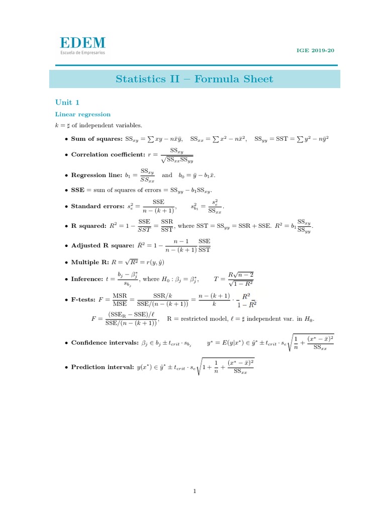 Statistics II - Formula Sheet: Unit 1 | PDF | Errors And Residuals | Regression Analysis
