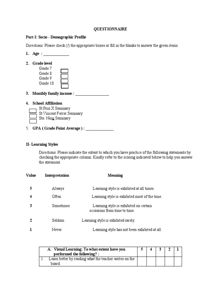 Learning Styles Questionnaire-Sample | PDF | Neuropsychological ...