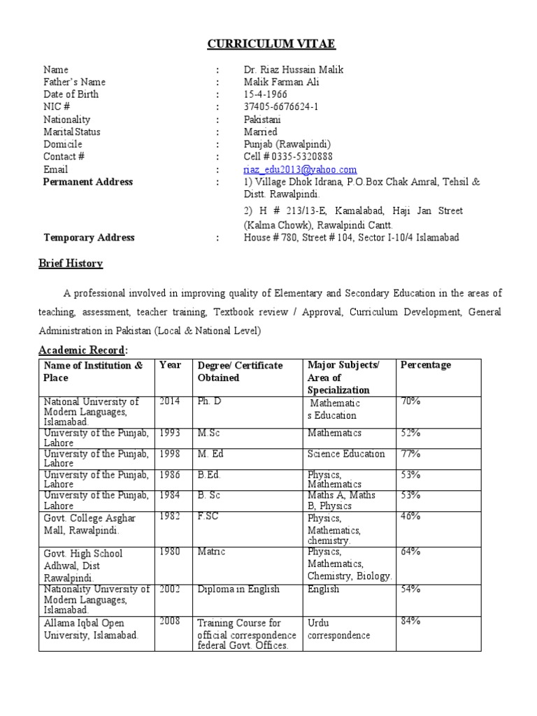 CV - Dr. Riaz | PDF | Islamabad | World Politics