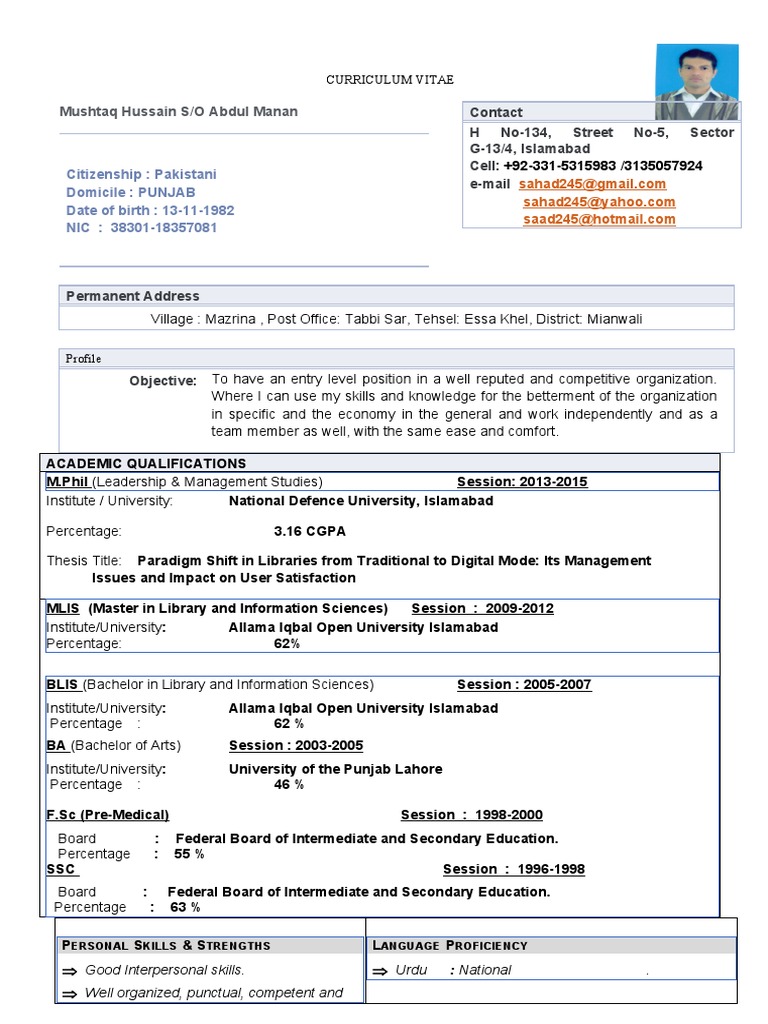CV - Mushtaq Hussain | PDF | Cognition | Behavior Modification
