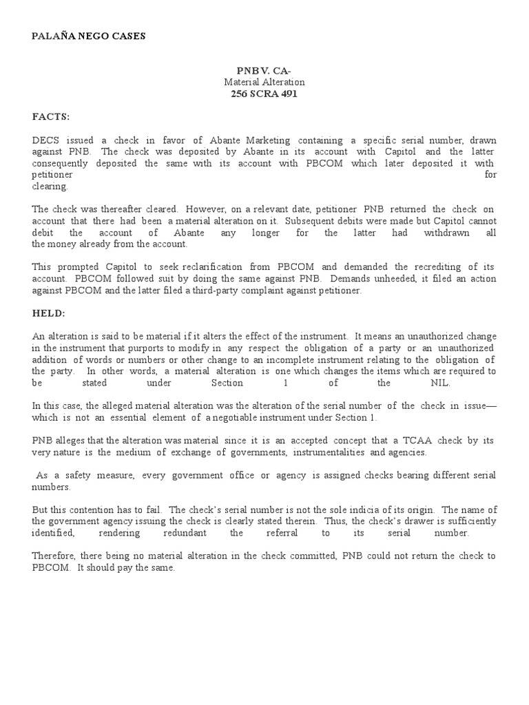 Palaña Nego Cases | PDF | Cheque | Common Law