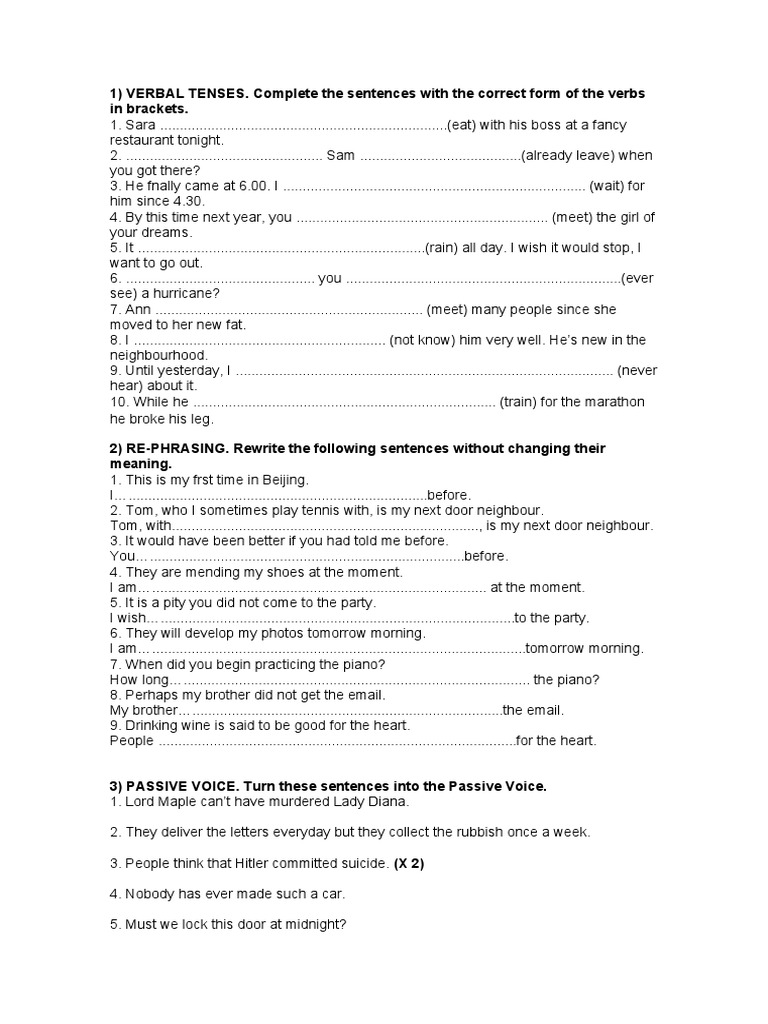 1) VERBAL TENSES. Complete The Sentences With The Correct Form of The ...