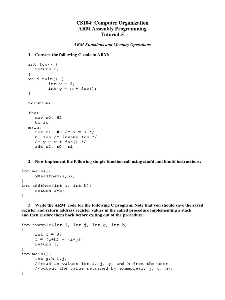 CS104: Computer Organization ARM Assembly Programming Tutorial-5 | PDF