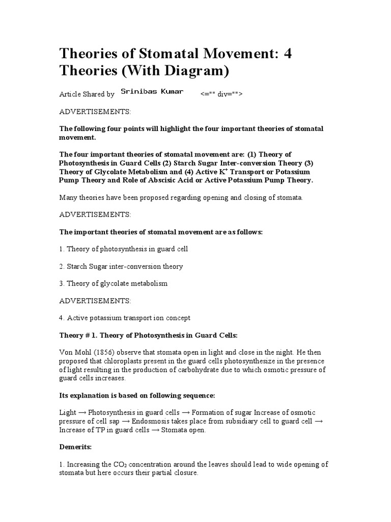 Theories of Stomatal Movement | PDF | Stoma | Plant Hormone