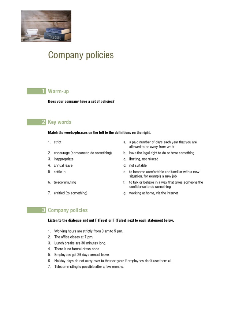Company Policies Worksheet | PDF | Working Time | Grammar