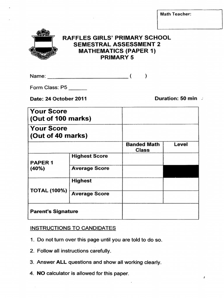 2011 P5 Math SA2 RGPS | PDF | Area | Triangle
