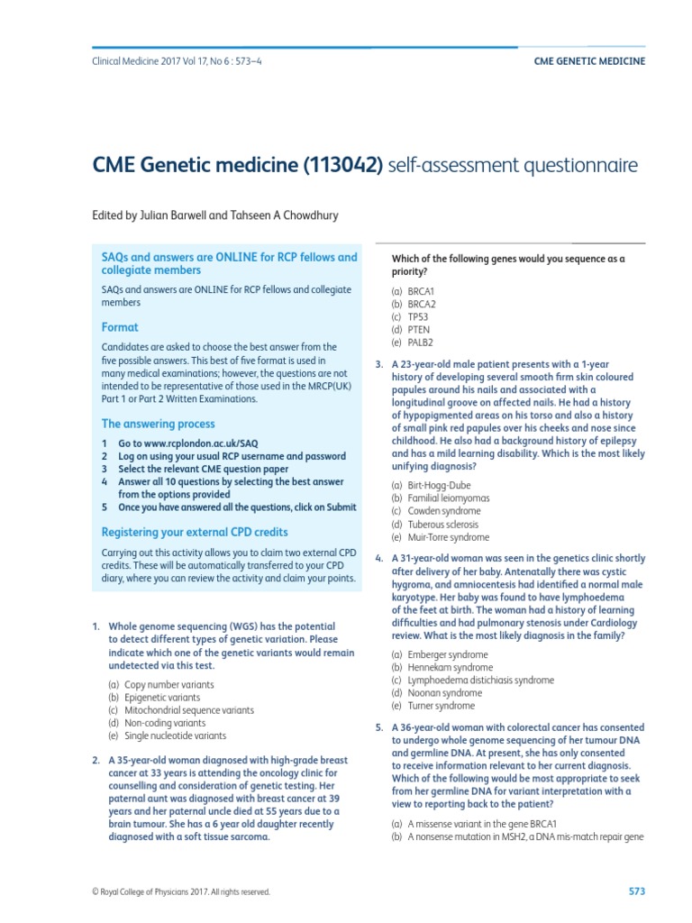 CME Genetic Medicine (113042) Self-Assessment Questionnaire | PDF ...