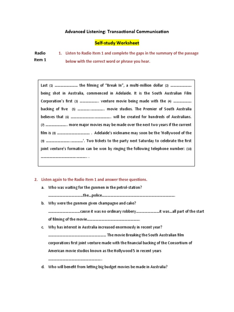 Advanced Listening: Transactional Communication Self-Study Worksheet ...