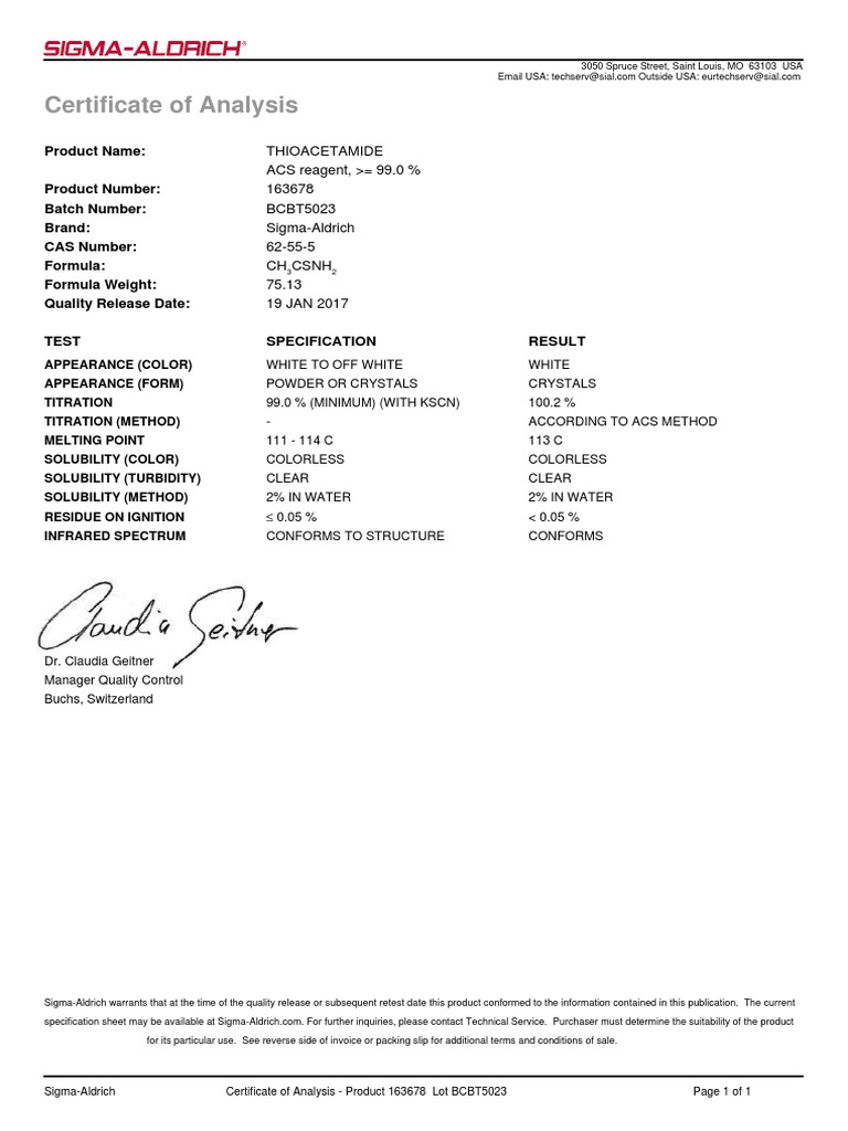 Thioacetamide 163678 bcbt5023 | PDF | Inorganic Chemical | Physical ...