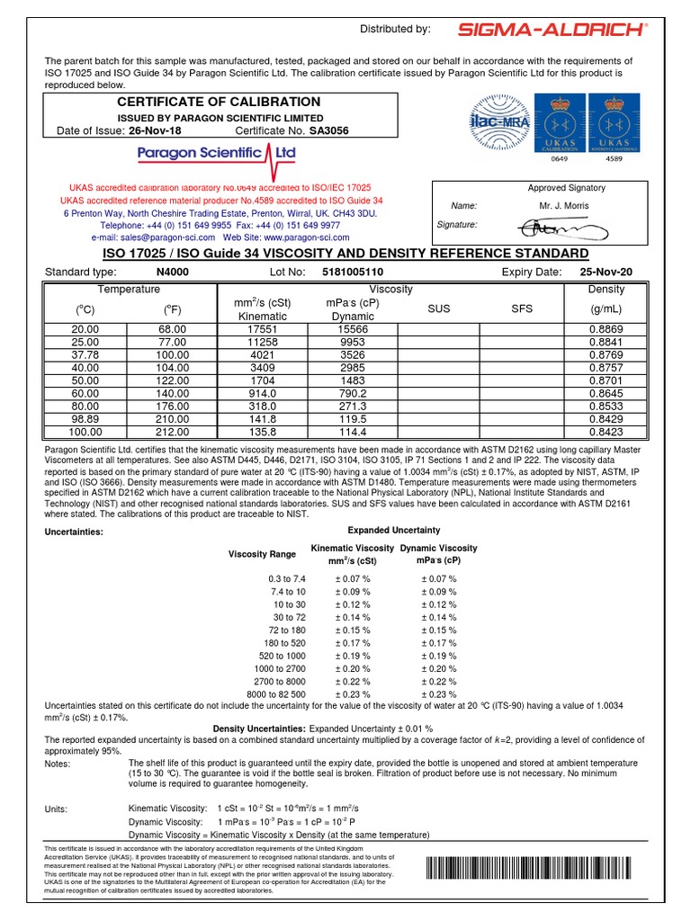Viscosity Standard n4000 5181005110 | PDF | Viscosity | Calibration
