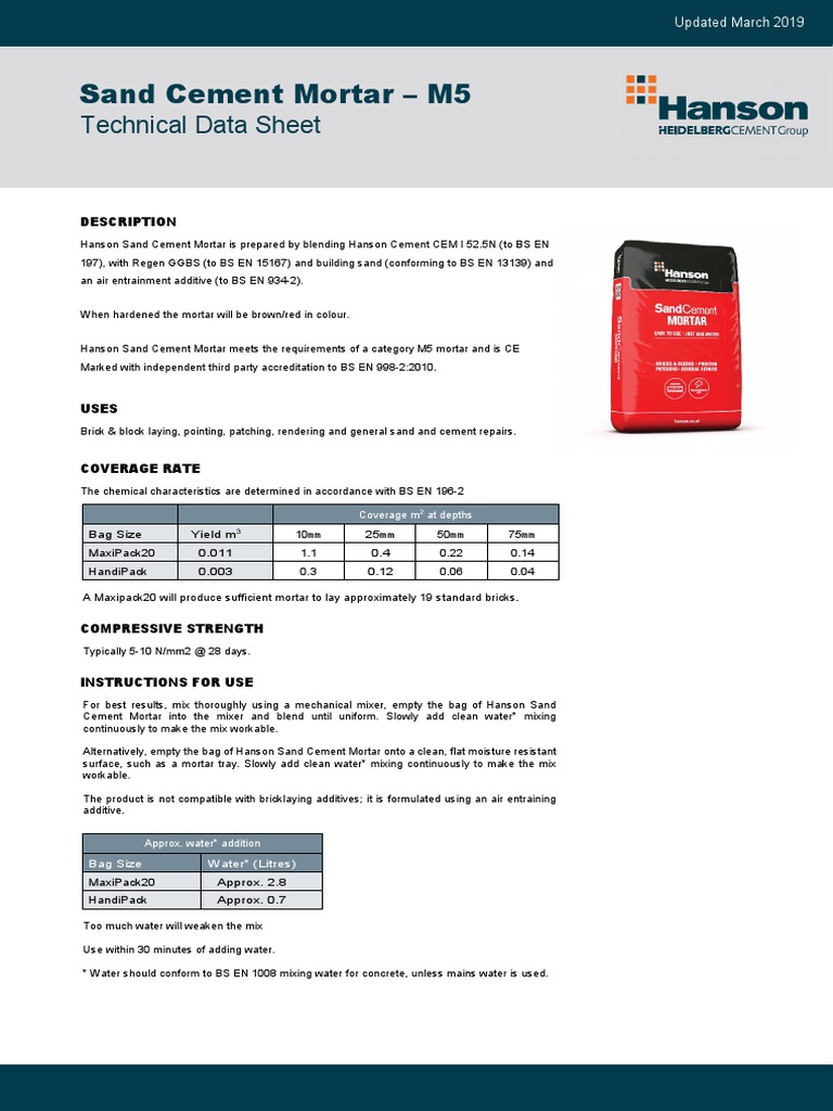 Sand Cement Mortar - M5: Technical Data Sheet | PDF | Mortar (Masonry ...