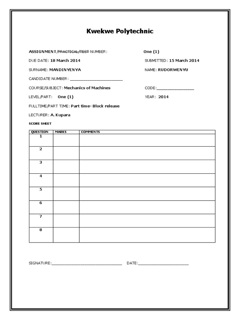Kwekwe Polytechnic Mechanics Assignment | PDF