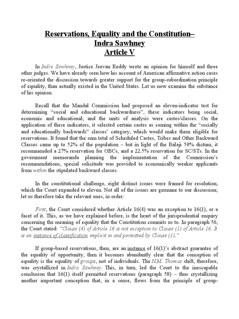 Reservations, Equality and The Constitution - Indra Sawhney Article V ...