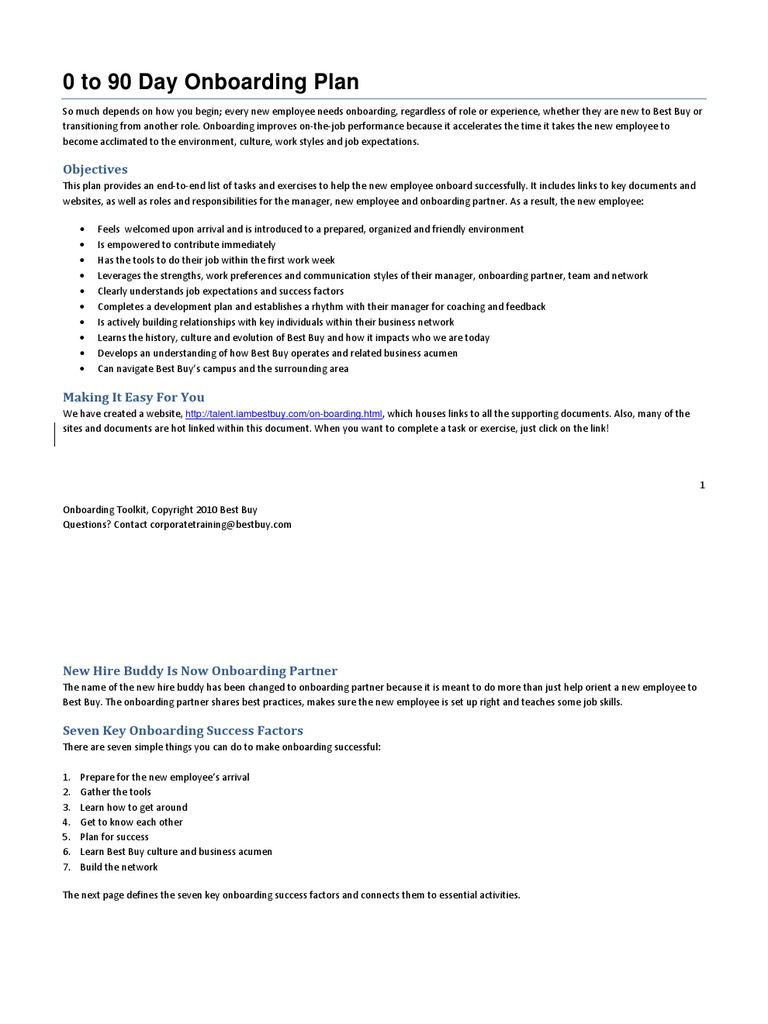0 To 90 Day Onboarding Plan 07282010 F | PDF | Employment | Business