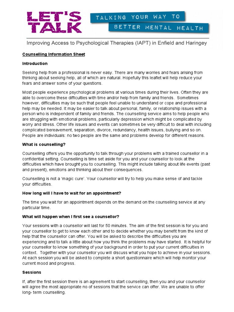 IAPT Counselling Information Sheet | PDF | Psychotherapy | Depression ...