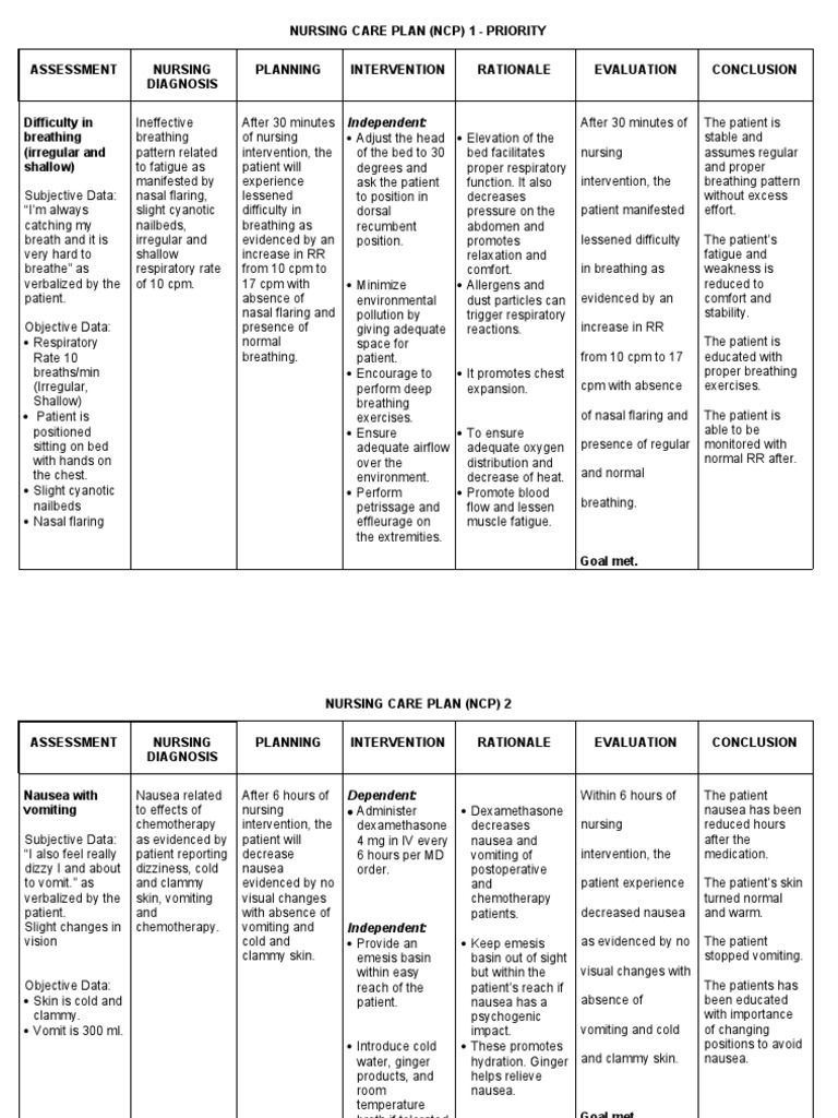 Nursing Care Plan | PDF | Nausea | Breathing