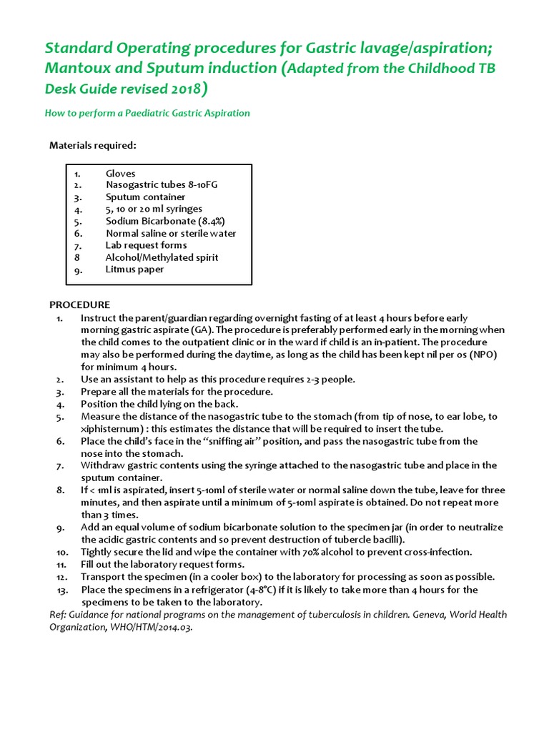 SOP Gastric Lavage Sputum Induction | PDF | Immunology | Clinical Medicine