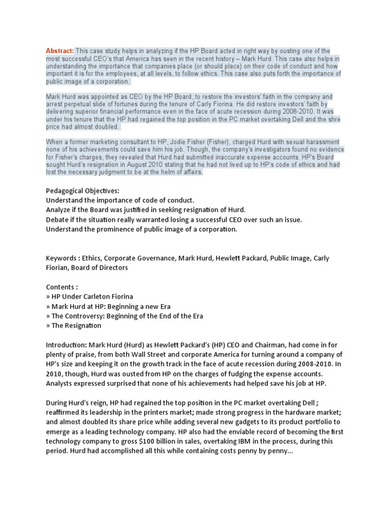 HPs Board Ousting Mark Hurd - An Example of Corporate Governance | PDF ...