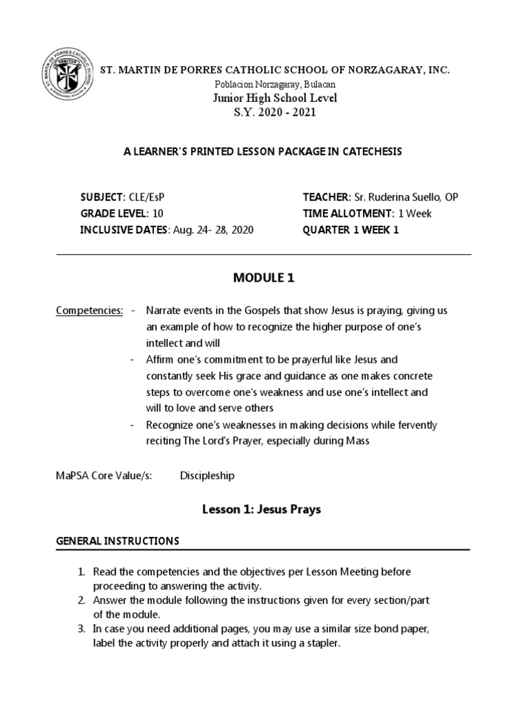 Learning Activity 1: Christian Living Education 10 | PDF | Gospel Of ...