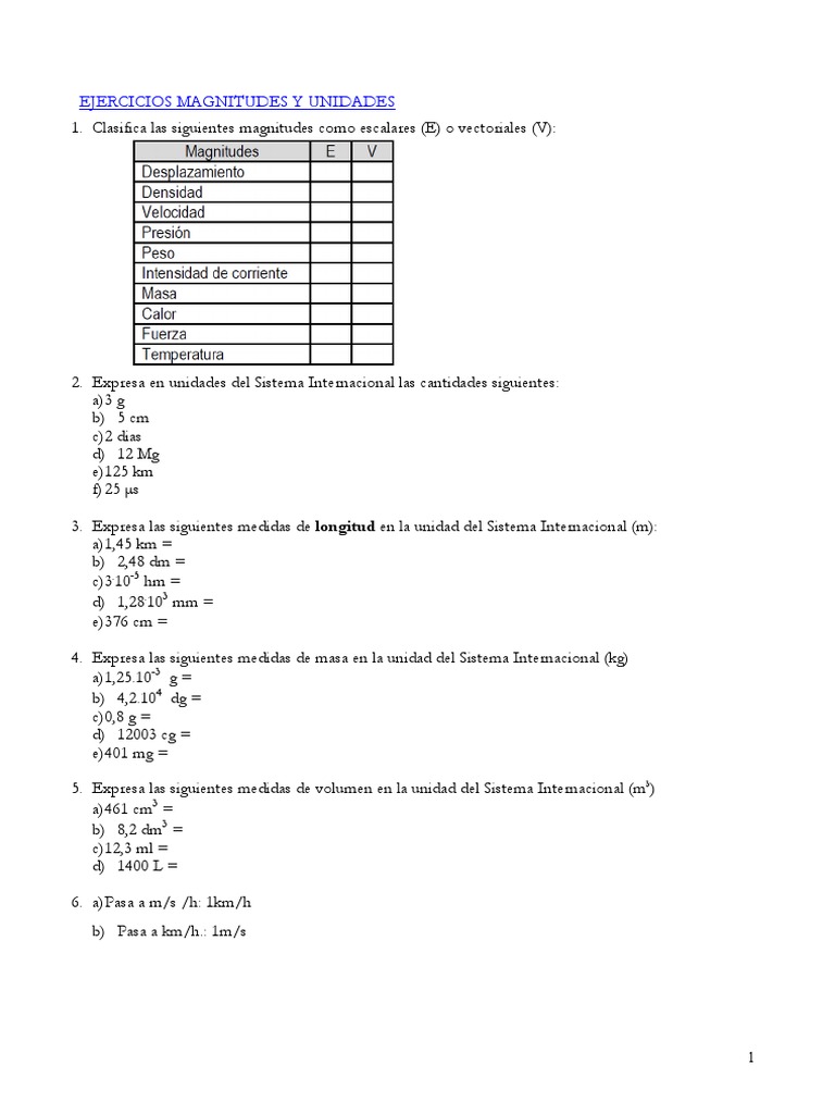 Ejercicios - Magnitudes y Unidades | PDF | Física | Ciencias fisicas
