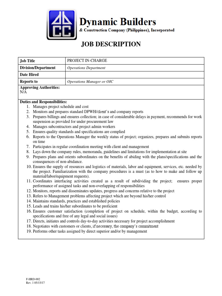 Job Description: Job Title Division/Department Date Hired Reports To ...